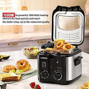 CUSIMAX Deep Fryer with Timer 30min, 1500 Watt 2.5Liters Deep Fryer with Basket For Home Use, Electric Deep Fryer with Drip Hook, Removable Lid, View Window, Integrated Frying Basket and Handle