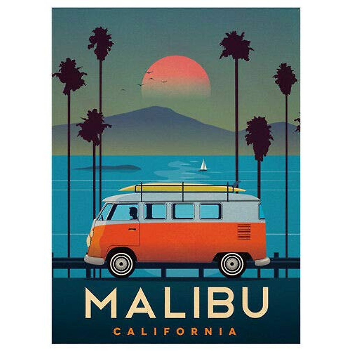 MAGNET 3x4 inch Vintage Art MALIBU VW Bus STICKER - surf california ca old beach travel Magnetic vinyl bumper sticker sticks to any metal fridge, car, signs