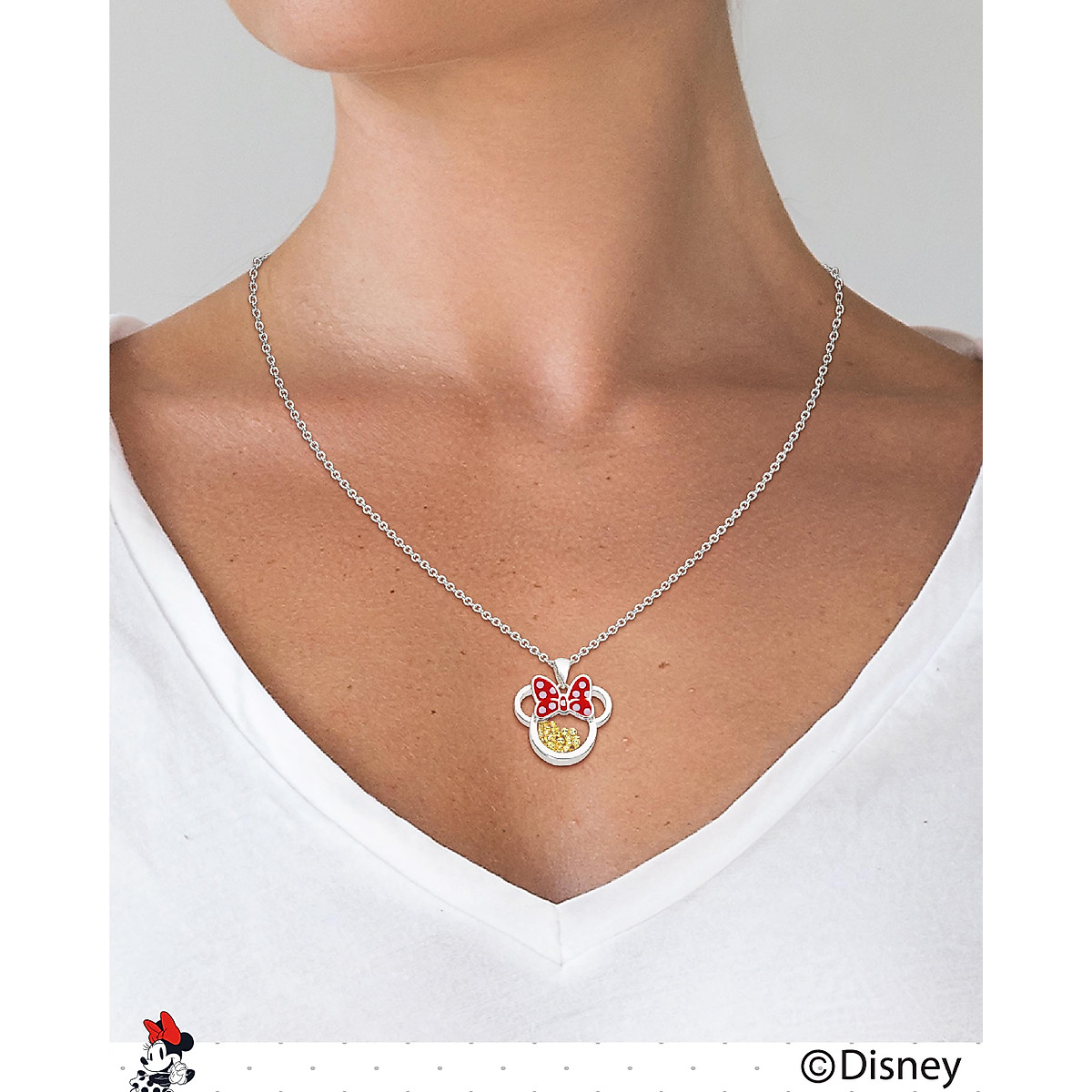 Disney Birthstone Women and Jewelry Minnie Mouse November Amber Citrine Cubic Zirconia Shaker Pendant Necklace, Silver Plated, 18+2" Extender