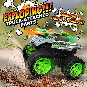 Exploding Monster Truck Toy with Explosive Crash Sounds and Lights, Smash It Up Again and Again, Monster Truck Toys for Boys Kids Ages 3, 4-7 & Above | Toddler Toys for 3 Year Old Boys Gift