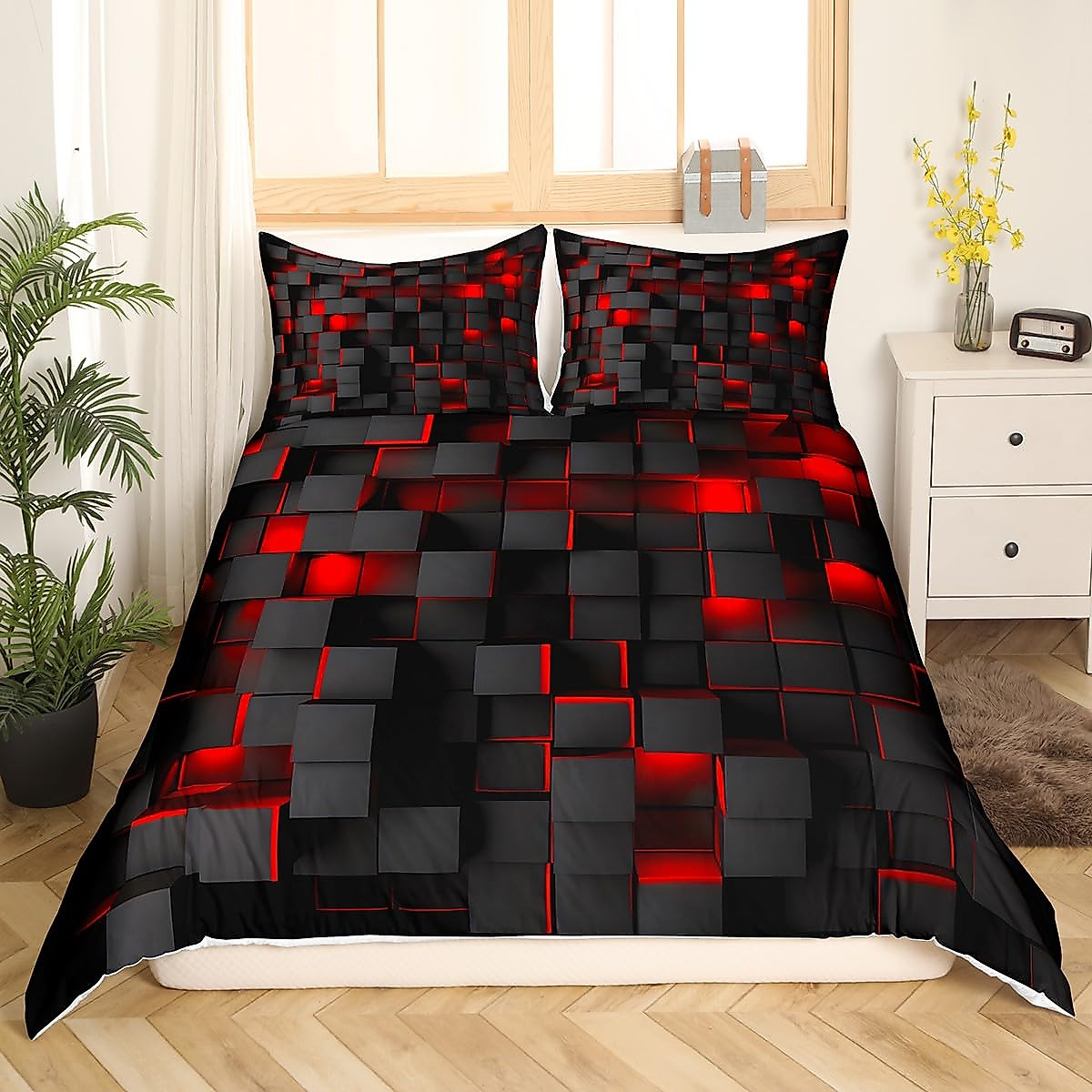 Feelyou Red and Black Bedding Duvet Cover Set Twin Size Light Geometric Bedding Set for Kids Boys Girls Geometry Decor Comforter Cover Set Modern Bedspread Cover