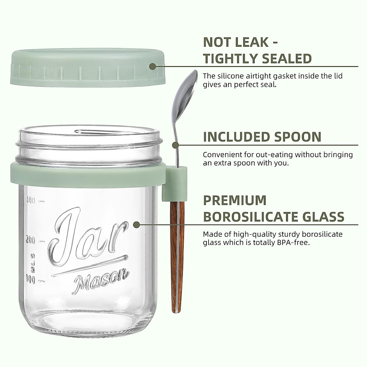 LANDNEOO 6 Pack Overnight Oats Containers with Lids and Spoons, 16 oz Glass Mason Overnight Oats Jars, Large Capacity Airtight Jars for Milk, Cereal, Fruit