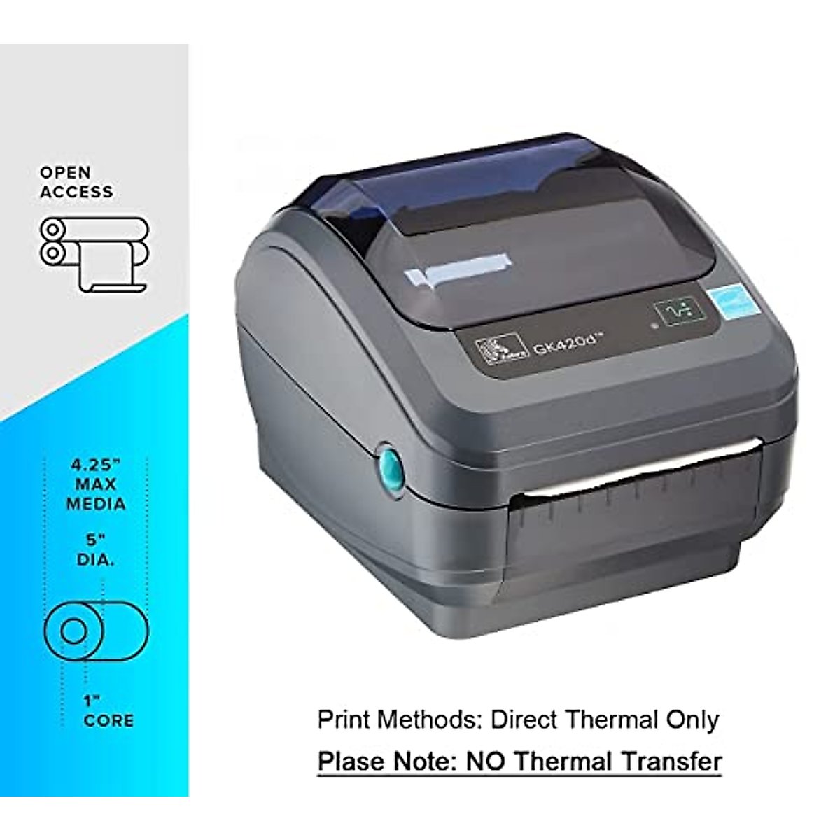 Zebra GK420D Direct Thermal Only Desktop Printer with USB and Ethernet Connectivity, 203 dpi, 8 IPS, 4.09" Max Print Width, Monochrome Barcode Label - GK42-202210-000, JTTANDS