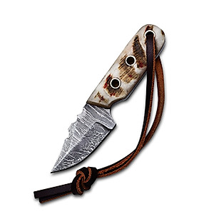 MEDIEVAL SUPPLIES Damascus Steel EDC Knife 4.5inch Fixed Blade Mini Knife Skinning,Survival,Camping and Outdoor Enthusiasts Natural Handle and Leather Sheath Brand By Medieval supplies (RAM HORN)