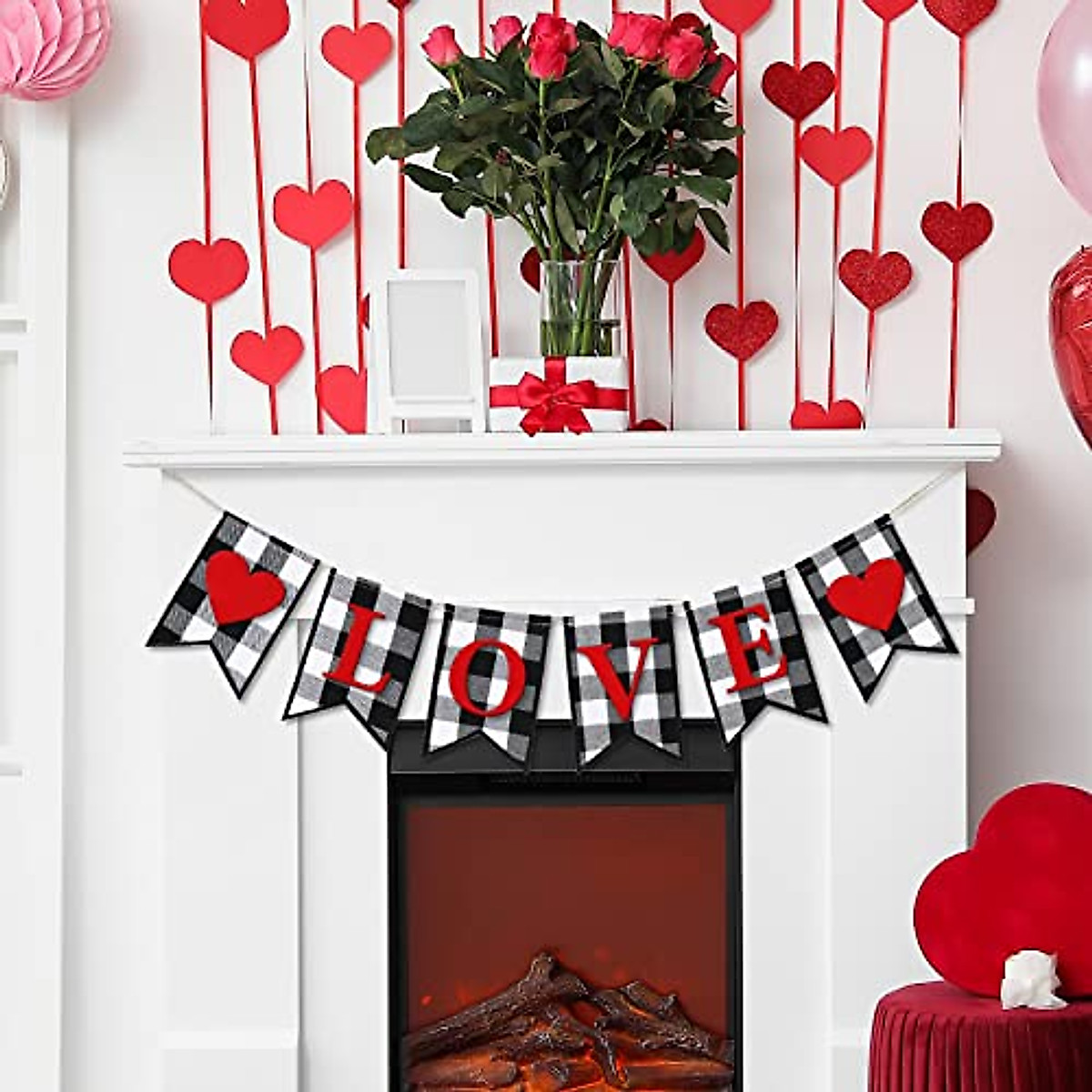 Whaline Valentine's Day Love Banner Buffalo Plaid Love Heart Burlap Banner Pre-Assembled Plaid Love Bunting Garland Sign for Valentine's Day Anniversary Wedding Party Supplies Home Decoration