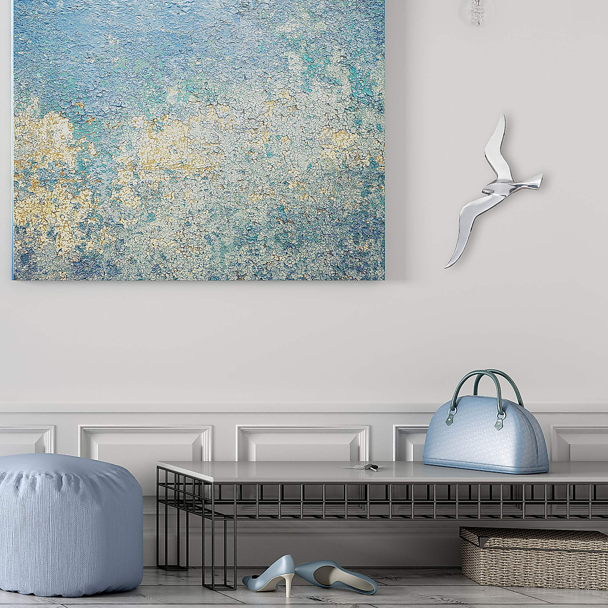 WHW Whole House Worlds Americana Flying Sea Gull Wall Sculpture, Handcrafted, Cast of Fine Silver Aluminum, 14 x 5 Inches (36 cmx 14 cm)