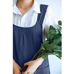 losofar Soft Cotton Linen Apron Cross Back X-Shaped Japanese Style Pinafore Dress for Cooking, Housewarming, Daily Chores (darkblue, (28.3"x 35.4"))