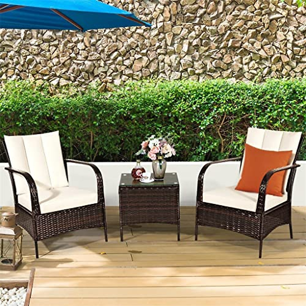 WYKDD 3 PCS Patio Rattan Furniture Set Coffee Table & 2 Rattan Chair with Cushions Comfortable and Breathable (Color : E)