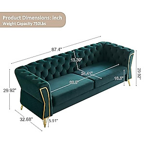 Tmsan 87.4" Velvet Sofa Couch, Mid-Century Modern Chesterfield Loveseat Classic Button Tufted 2 Seater Couch with Golden Legs for Living Room Office Bedroom (Emerald)