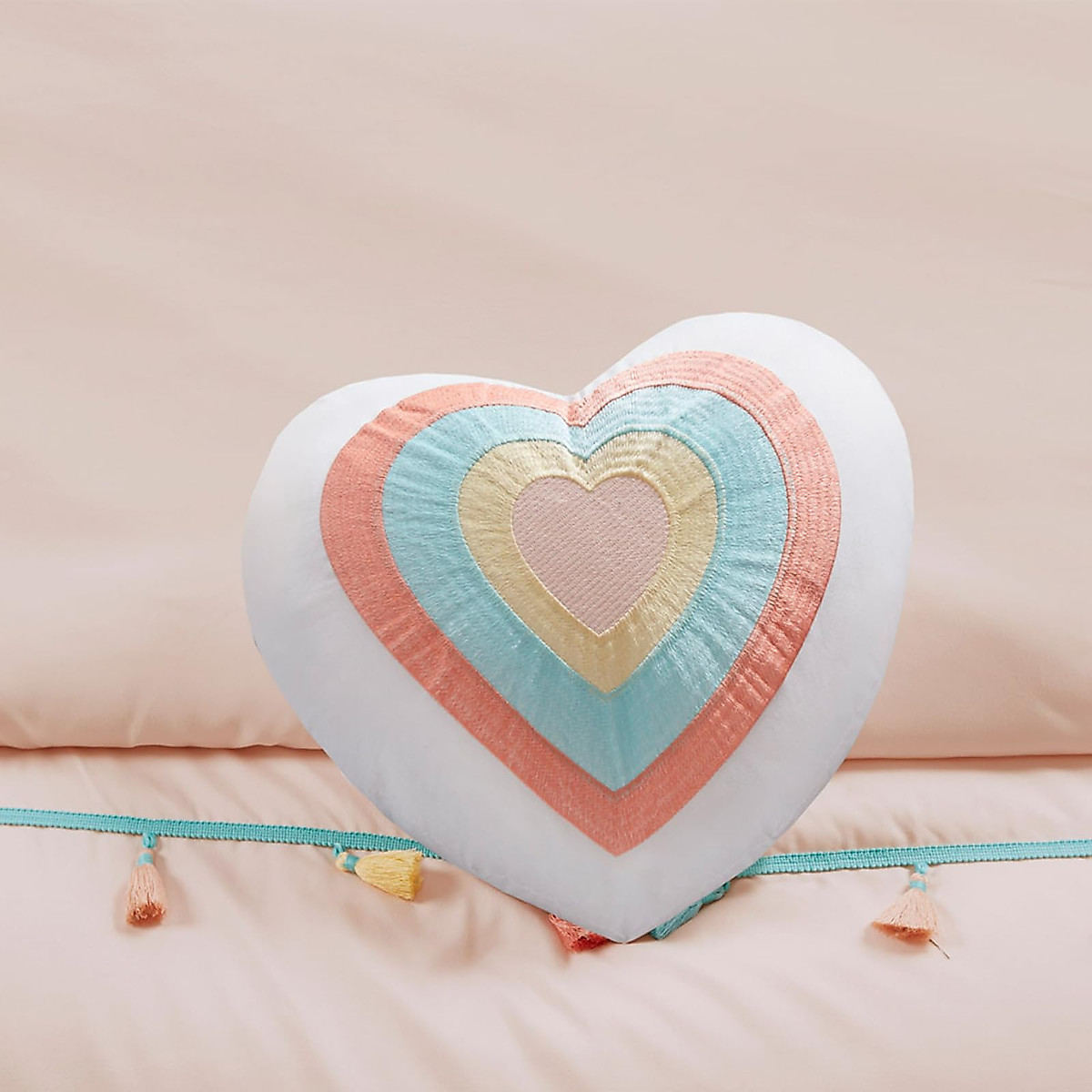 Mi Zone Kids Twin Comforter Set for Girls, Pink Comforter SetTwin Comforter Set, Tessa Adorable Twin Bedding Sets for Girls, Fun Pom Pom Tassel, Sham, Boho Heart Throw Pillow, Twin, Blush 3 Piece