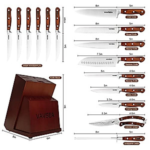 Knife Set, VAVSEA 16 PCS Kitchen Knife Set with Block Stainless Steel Professional Chef Knife Sets with 6 Pieces Steak Knives, Bread Knife, Sharpener Rod, Scissors, Ultra Sharp