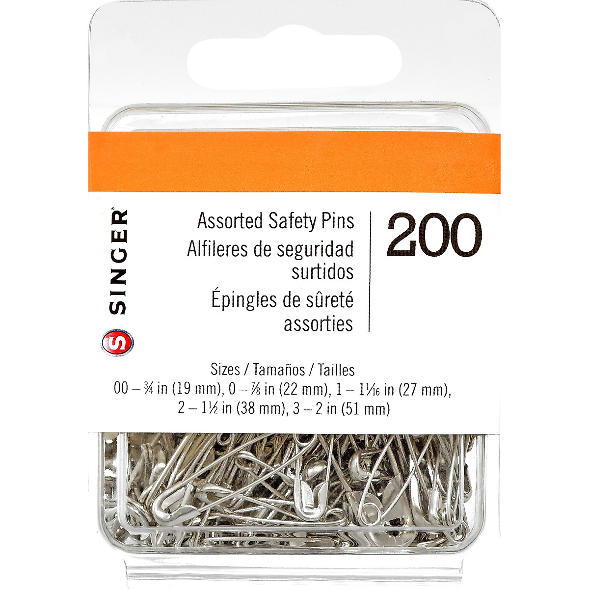 SINGER 00302 Safety Pins Value Pack, Assorted Sizes, 200-Count,
