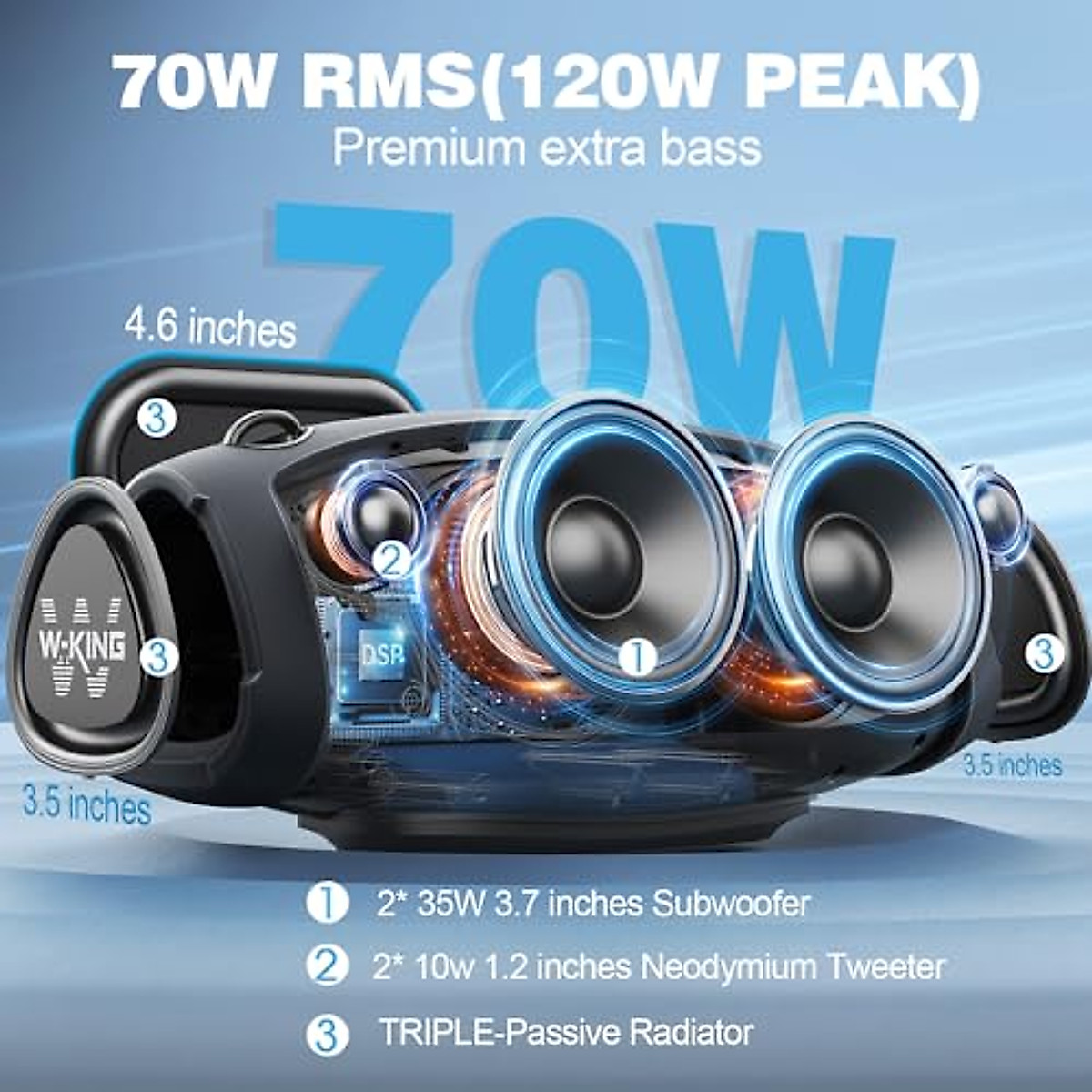 W-KING Portable Loud Bluetooth Speakers with Wireless Microphone, (120W PEAK)70W Outdoor Speaker Bluetooth Wireless Waterproof, Triple Passive Radiators-Deep Bass/Hi-fi/DSP/Power Bank/TF/AUX/EQ/Opener