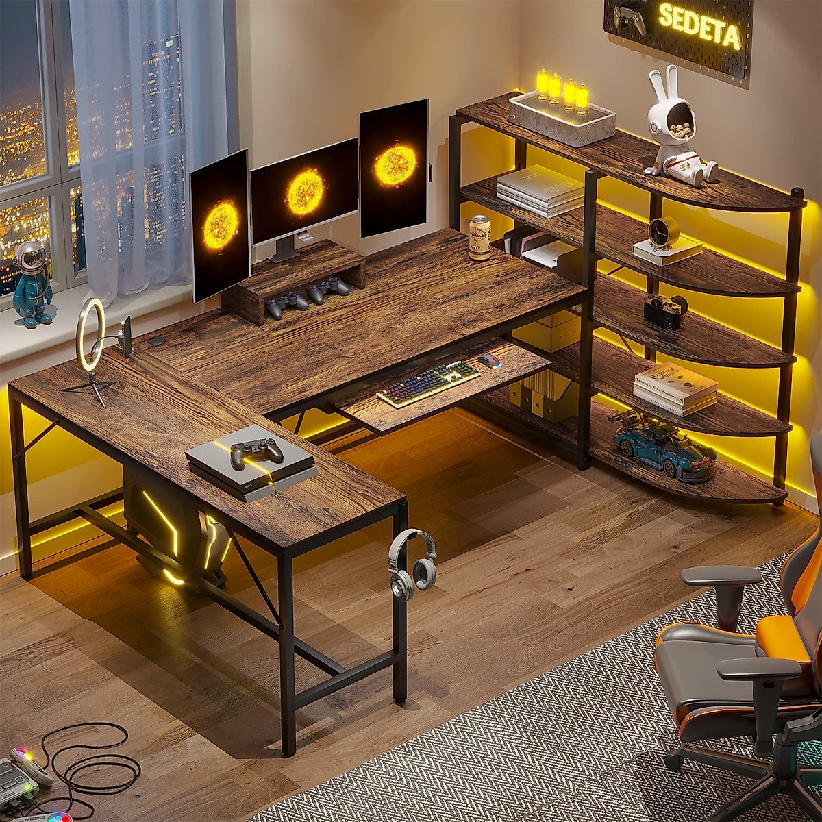 SEDETA L Shaped Computer Desk, 65'' Office Desk with Keyboard Tray & LED Light, L Shaped Desk with Storage Shelves and Monitor Stand for Home Office, L Desk, Rustic Brown