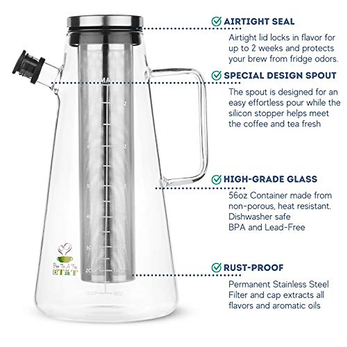 BTaT- Cold Brew Coffee Maker, Iced Coffee Maker, 2 Liter (2 Quart, 64 oz), Iced Tea Maker, Cold Brew Maker, Tea Pitcher, Coffee Accessories, Iced Tea Pitcher, Cold Brew System, Cold Brew Pitcher