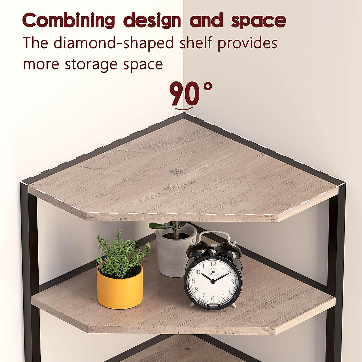 JOOLESER Corner Shelf - 4-Tier Corner Bookshelf with Metal Frame - Small Corner Shelves - Wood Corner Display Shelf for Living Room, Bedroom (Grey)