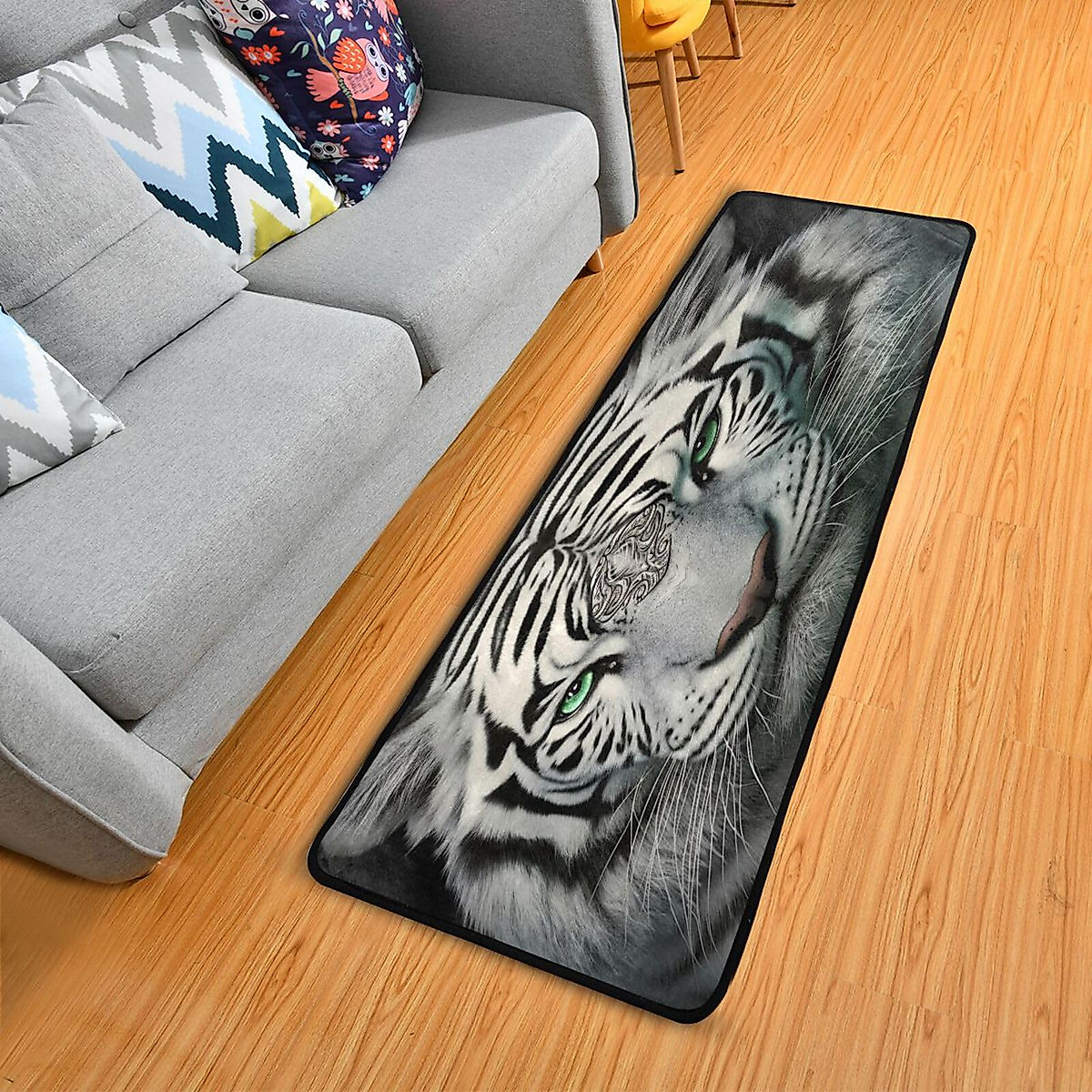 xigua White Tiger with Green Eyes Non-Slip Runner Rug Area Rug Washable Rectangle Rug for Bedroom Living Room Bathroom Hallways Home Decor 72x24 Inches#261