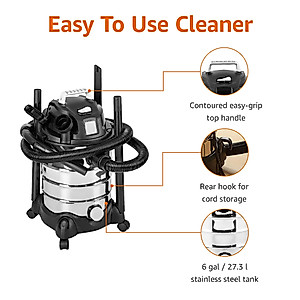 Amazon Basics 6 Gallon, 3.5 HP Stainless Steel Wet/Dry Vacuum, Ss, Grey, Black