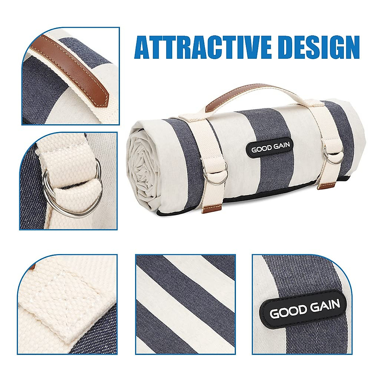 G GOOD GAIN Waterproof Picnic Blanket Portable with Carry Strap for Beach Mat or Family Outdoor Camping Party, Park Blanket for Grass Park, Hiking, Travel, Concerts (Denim Blue)