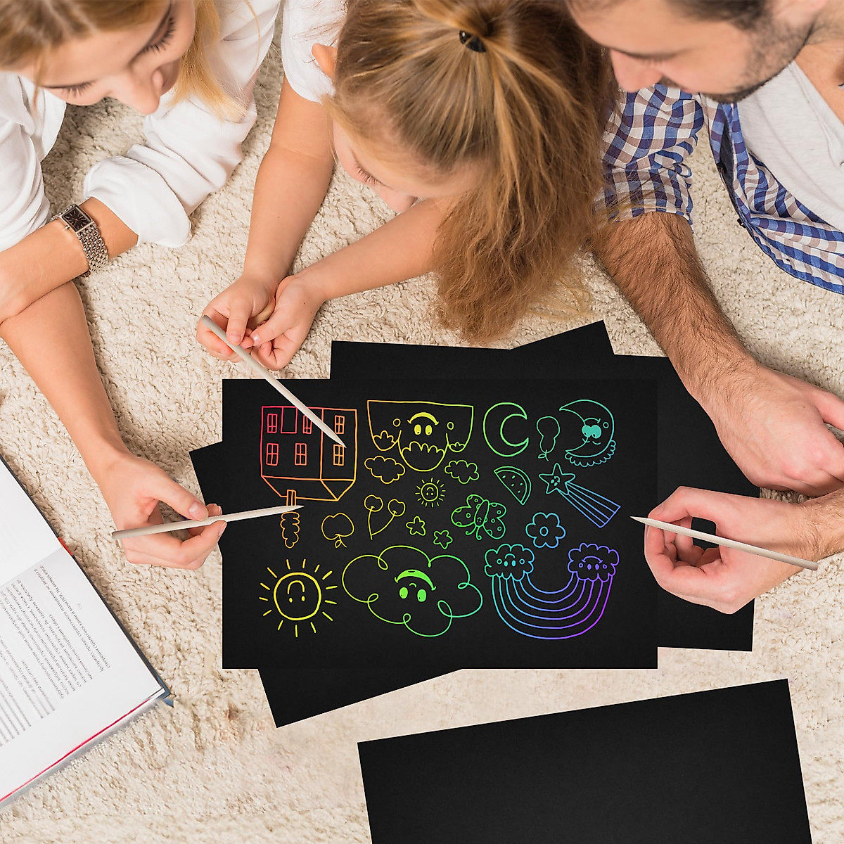 Rainbow Scratch Paper Bulk Pack, Large Size Full Sheet 7.5x10 inches, 50 Piece Magic Scratch Paper Art Set with 4 Wooden Stylus, Black Scratch Off Paper, Arts and Crafts for Kids