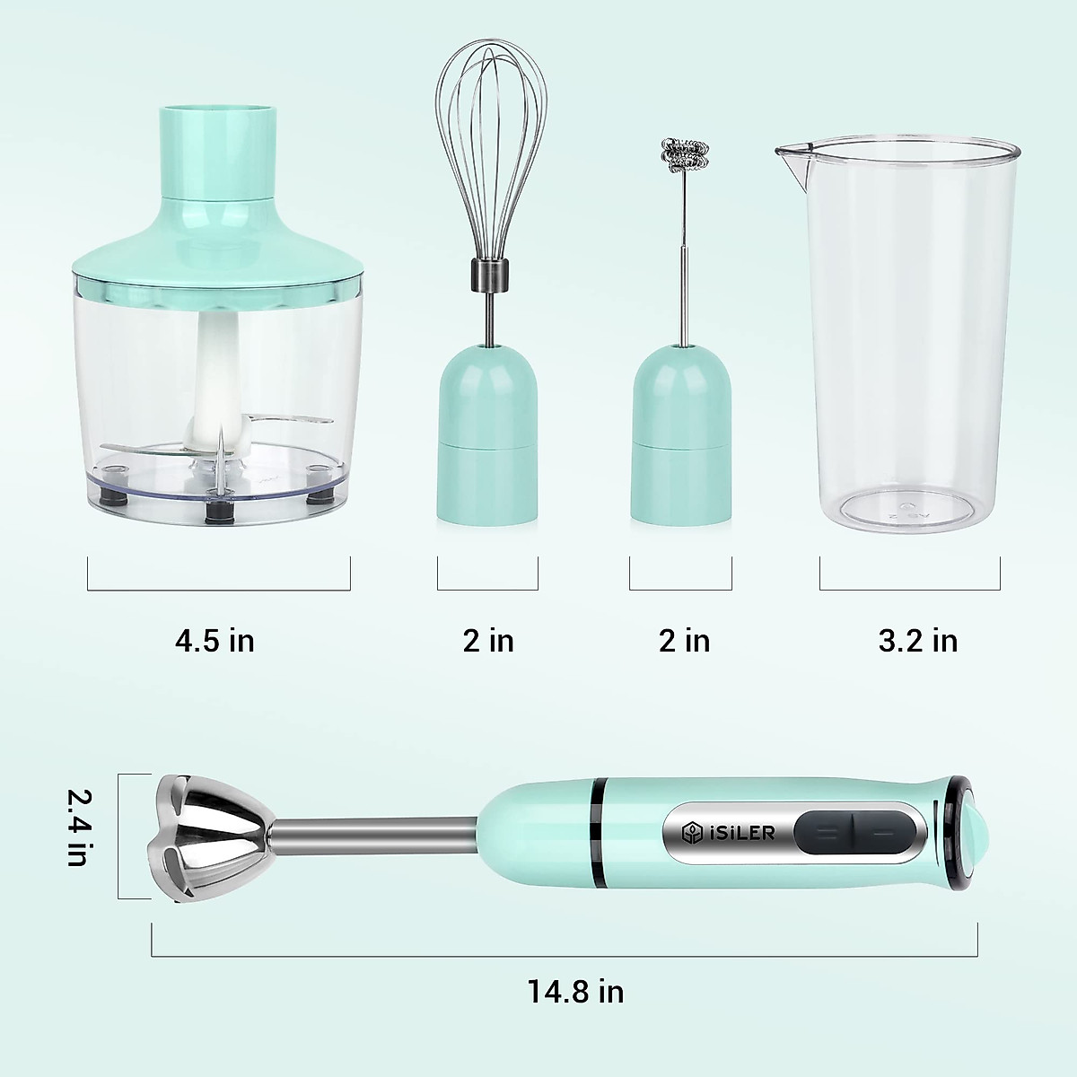 Immersion Hand Blender, ISILER 5-in-1 500-Watt Multi-Purpose Stick Blender with 860ml Food Chopper, 600ml Container, Milk Frother, Egg Whisk, 8-Speed for Puree Infant Food Smoothies Soups