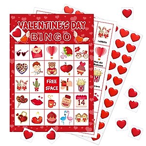 TENDFINE 24 Players Valentine’s Day Bingo Cards - Valentines Bingo Game for Valentine Party School Classroom Family Activities