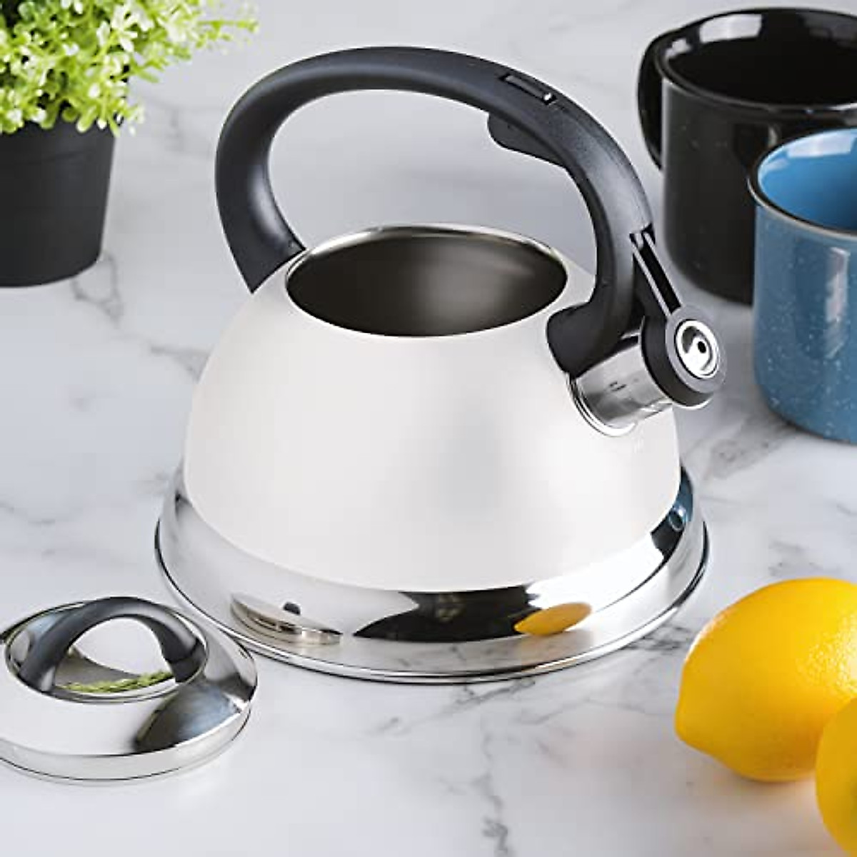 Mr. Coffee Flintshire Stainless Steel Whistling Tea Kettle w/ Nylon Handle, 1.75-Quart, Linen