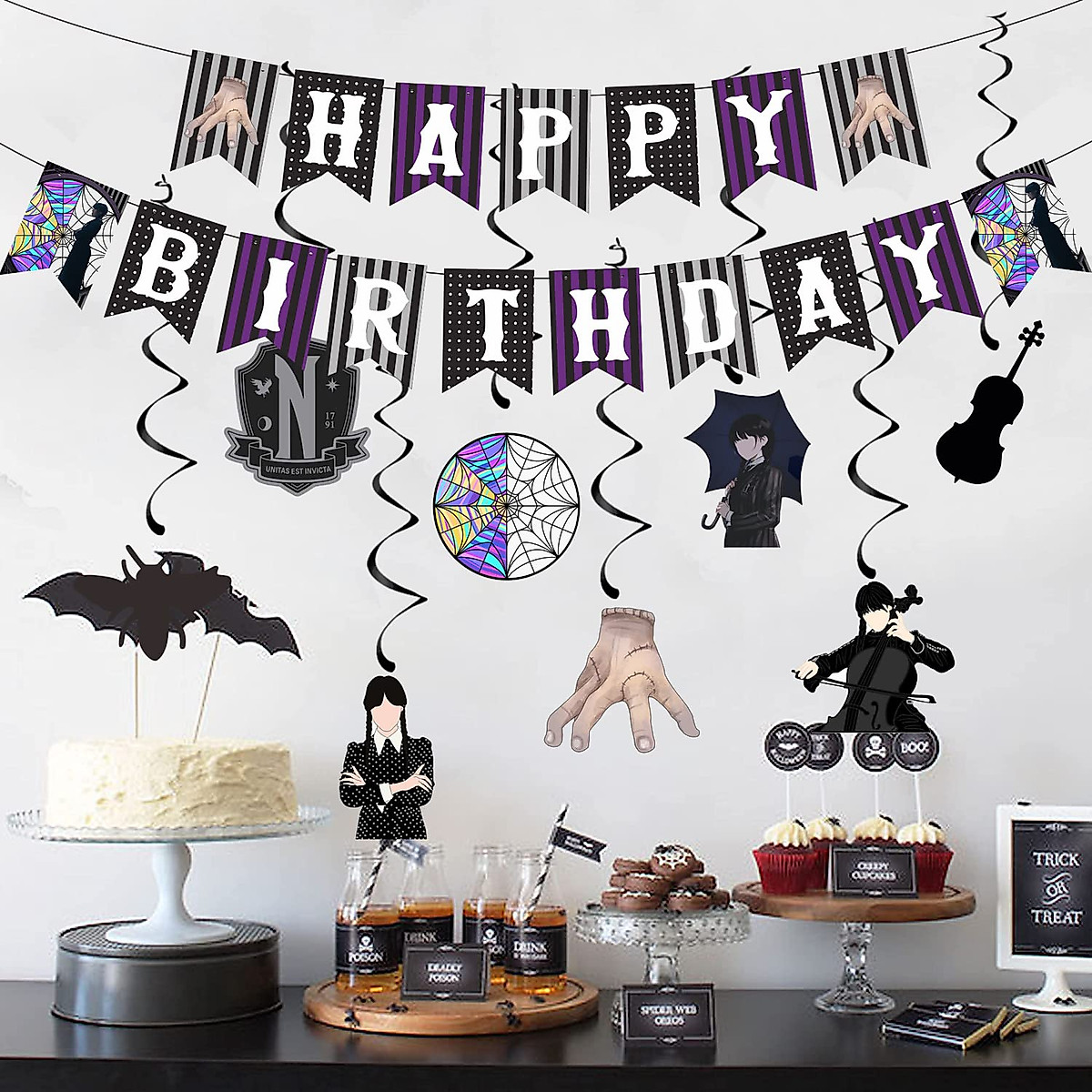 Wednesday Birthday Decorations Wednesday Happy Birthday Banner with Hanging Swirls Black and Purple for Kids Birthday Party Decorations Gothic Birthday Banner for Wednesday Party Supplies