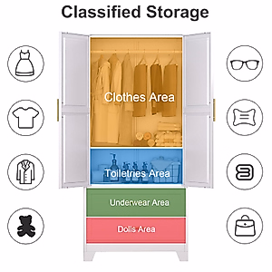 Anewome 71" Metal Armoire Wardrobe Closet with 2 Drawers, Freestanding 2-Door Tall Clothing Storage with Adjustable Shelves and Hanging Rod for Bedroom Dorm, White