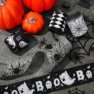 AnyDesign 30 Yards Halloween Wired Edge Ribbon 5 Roll Spooky Boo Ghost Spider Wed Checks Decorative Ribbon Black White Halloween Craft Fabric Ribbon for Wreath Bow Making DIY Gift Wrapping Supplies