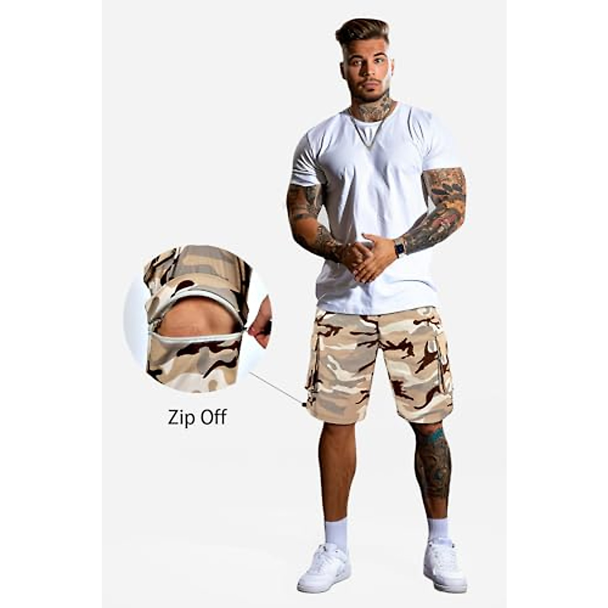 GINGTTO Men's Convertible Outdoor Hiking Pants Slim Fit Tactical Pants for Men Stretch Joggers Golf Travel Pants Camo Khaki 38