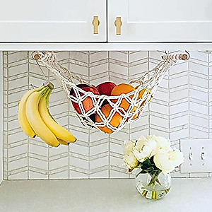 Fruit Hammock - Hanging Fruit Basket - Produce and Veggie Storage for Kitchen Under Cabinet - Banana Hook - Macrame Boho Modern (Natural)