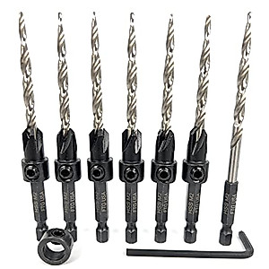 FTG USA Countersink Drill Bit Set 6 Pc #10 (3/16") Wood Countersink Drill Bit, 1 Replacement Tapered Drill Bit, 1 Stop Collar, 1 Hex Wrench, 6 Storage Containers