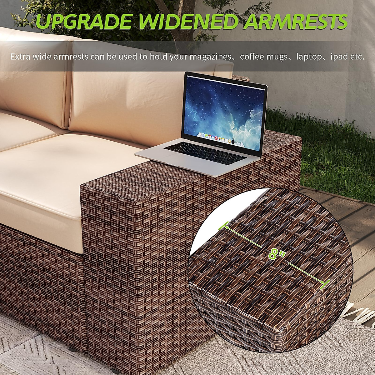 Aoxun 7 Pieces Patio Furniture Set Outdoor Wicker Rattan Furniture 44” Fire Pit Table Outdoor Sectional Sofa Include Waterproof Cover with Thickened Cushions (7 Piece, Beige)