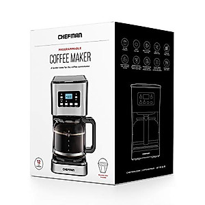Chefman 12-Cup Programmable Coffee Maker, Electric Brewer, Auto Shut Off, Digital Display w/Auto-Brew Function, Anti-Drip Pot, Reusable Filter for Fresh Grounds, Square Stainless Steel, Glass Carafe