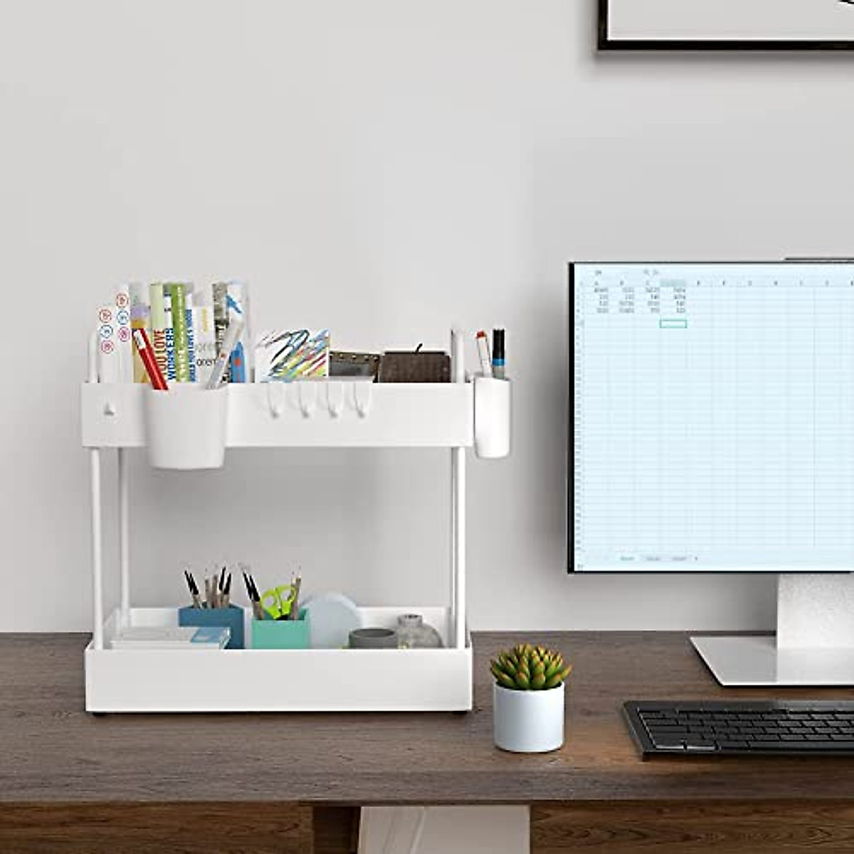 Ormeli Under Sink Organizer, 2 Tier Bathroom Sink Storage Under Cabinet Organizer Baskets Kitchen Countertop Organizer Multi-purpose Bath Collection Baskets with 6 Hooks 2 Hanging Cups (White, 2)