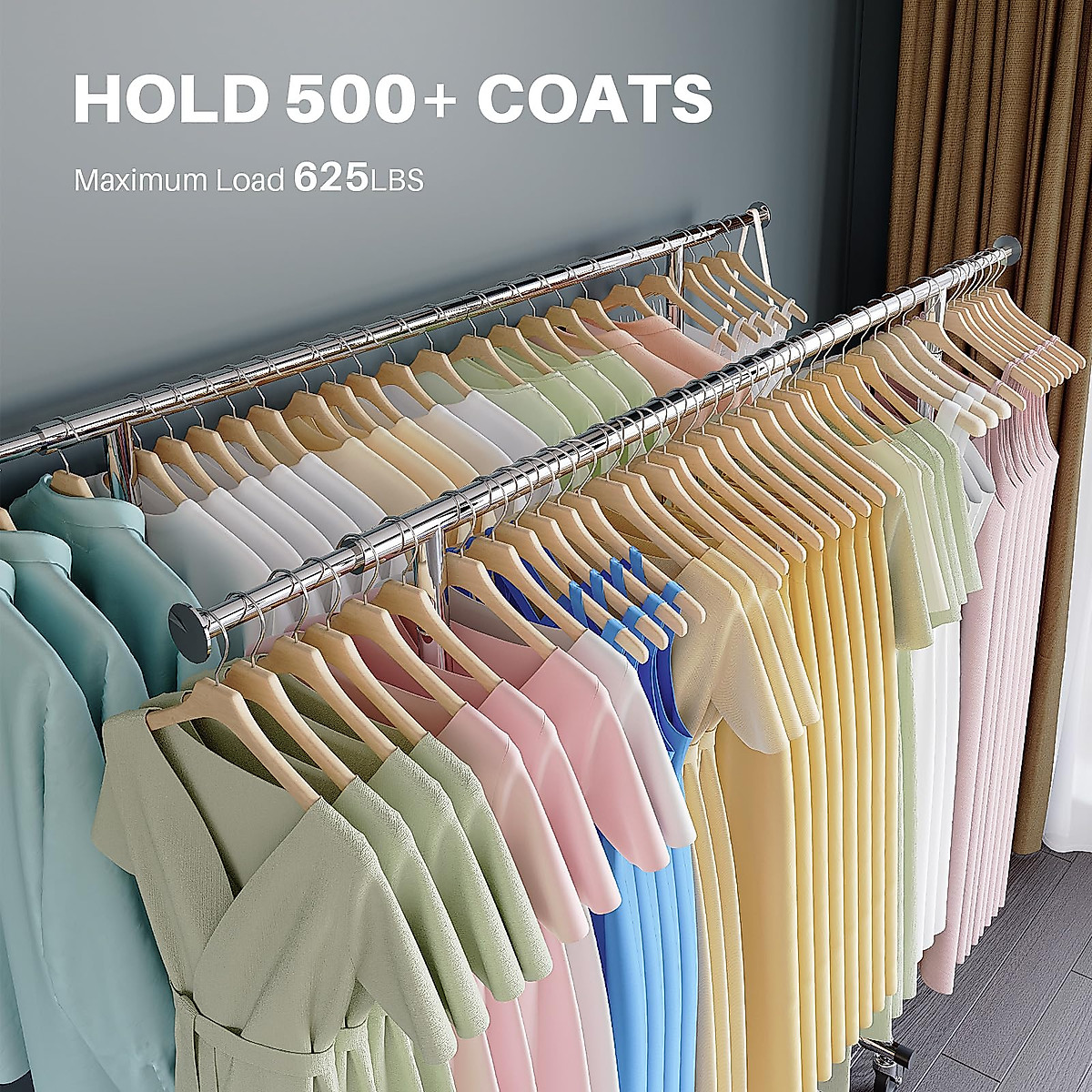 HOKEEPER Clothing Rack Heavy Duty Clothes Rack for Hanging Clothes Load 625LBS Extendable Double Rod Clothes Rack, Adjustable Rolling Garment Rack with Wheels, Basket & Shelves 71.2''W*23.6''D*68.5''H