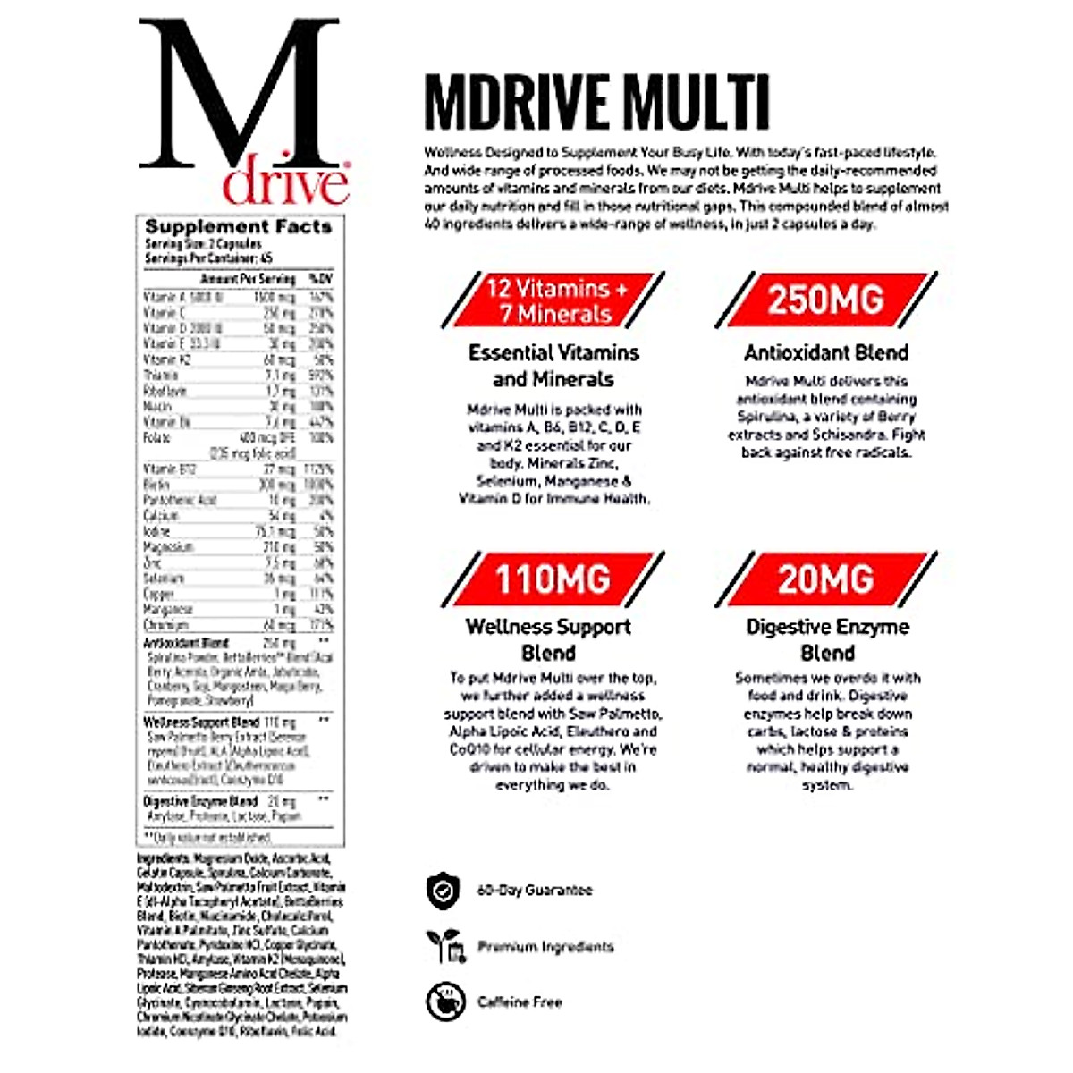 Mdrive Multi for Men, Daily Multivitamin - Immune Health Support from Zinc, Selenium, Manganese & Vitamin D, Enzymes for Digestive Support, CoQ10 and Plant Extracts for Energy and Vitamin K2, 90ct
