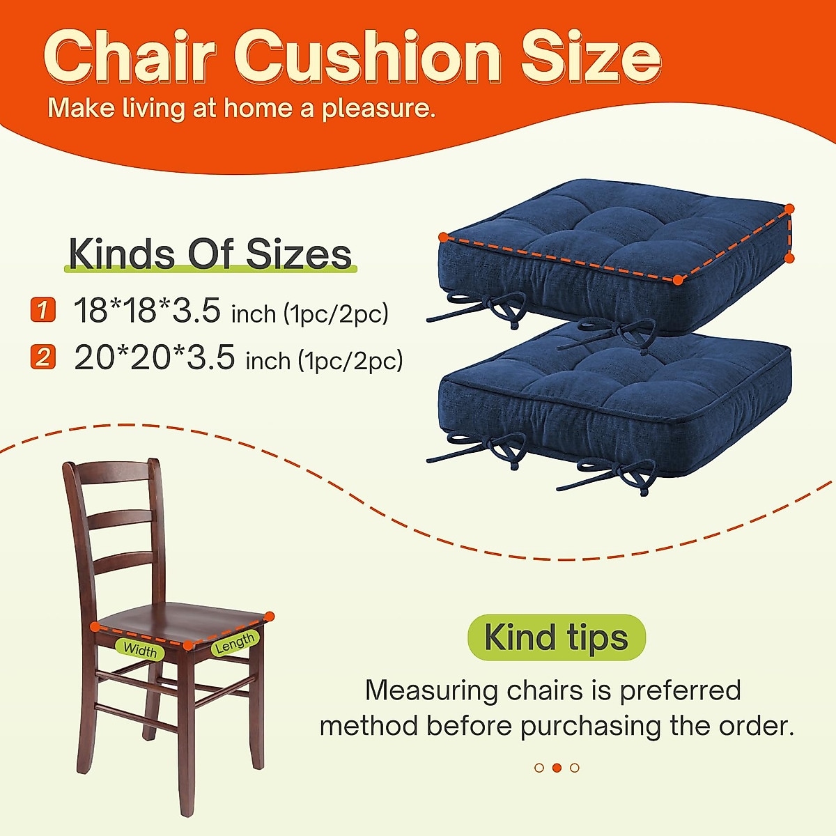 RULAER Indoor 18x18x3.5inch Chair Cushions Blue Tufted Double Piping with Straps Patio Seat Cushion No-Faded Thickened Puffy Dining Chair Pads,Set of 2