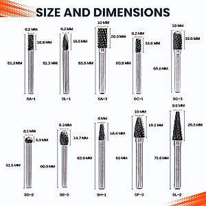 Tungsten Carbide Burr Set (YG10) – 1/4” Shank, Die Grinder Bits, Compatible with Dremel - 10 Pcs Double cut Carbide Rotary Burr Set for Grinding, Carving and Engraving