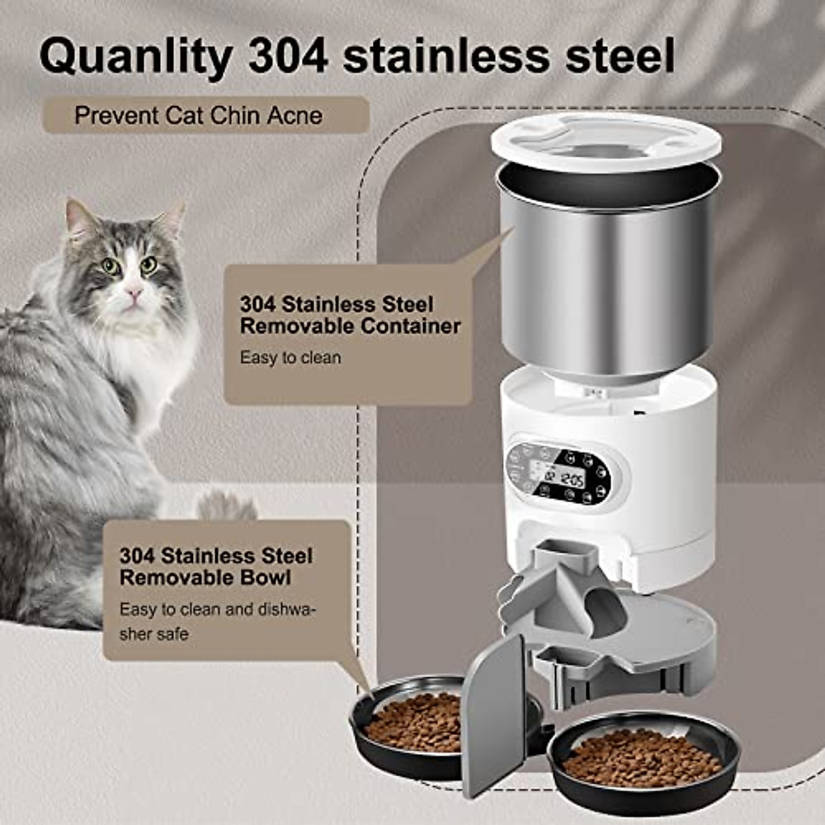Automatic Cat Feeders, Timed Dog Cat Food Dispenser for Dry Food, Intelligent Portion Control 1-4 Meals Per Day ,Voice Recorder, Pet Self Feeding with Stainless Steel Liner&2 Bowls-4.5L
