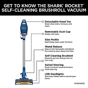 Shark HV343AMZ Rocket Corded Stick Vacuum with Self-Cleaning Brushroll, Lightweight & Maneuverable, Perfect for Pet Hair Pickup, Converts to a Hand Vacuum, with Crevice & Upholstery Tools, Blue/Silver