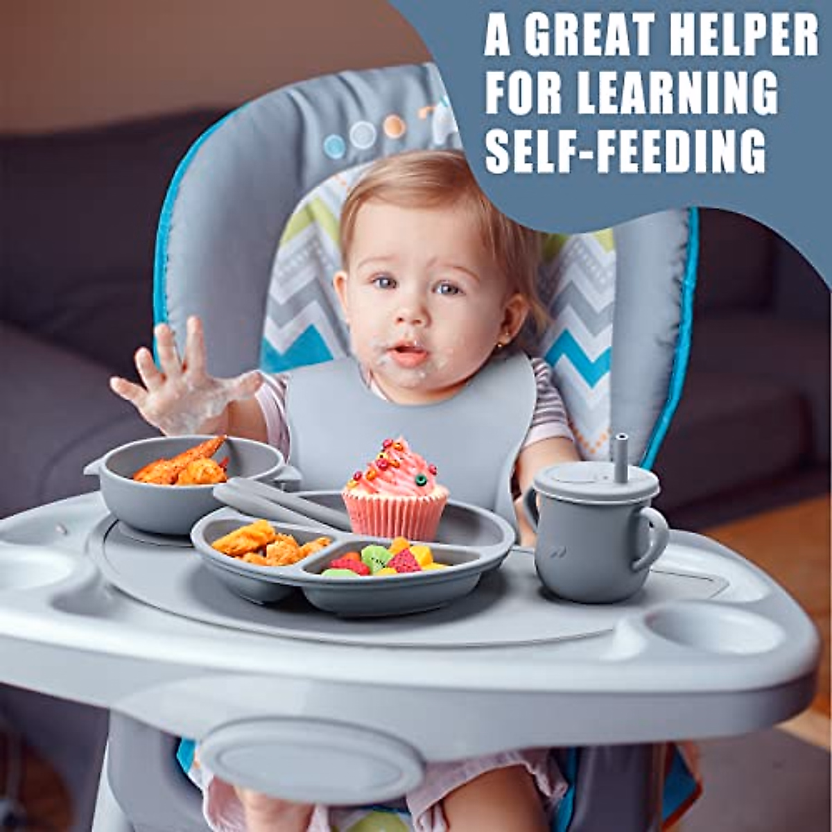 Mimorou 16 Pack Baby Feeding Supplies Set, Silicone Baby Led Weaning Suction Plates and Bowls Silicone Bibs Anti Slip Placemat Snack Cups Baby Spoons Forks, Toddler Eating Utensil Set