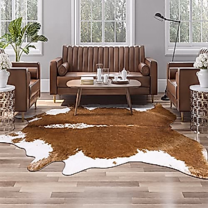 AROGAN Premium Faux Cowhide Rug 4.6 x 5.2 Feet, Durable and Large Size Cow Print Rugs, Suitable for Bedroom Living Room Western Decor, Faux Fur Animal Cow Hide Carpet, Brown