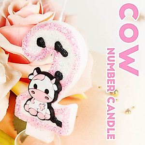 Pink Cow Glitter Birthday Candles Number 1 Birthday Decorations, Holy Cow Im One Birthday Decorations, Number 1 Candle for Cake, Cowgirl Theme Number Candle for Girls First 1st Birthday Party Décor