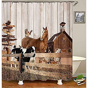 Camille&Andrew 4PCS Horse Shower Curtain Set, Cow Cattle Sheep Hen Farm Animal Brown Barn Western Country Rustic Farmhouse Bathroom Decor Waterproof Fabric Shower Curtain, Non-slip Bath Mat Toilet Rug