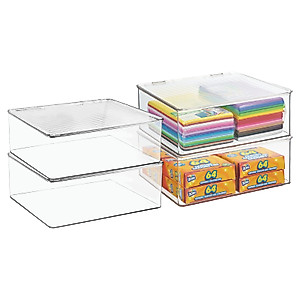 mDesign Plastic Craft Room Stackable Storage Organizer Box Containers with Hinged Lid for Thread, Beads, Ribbon, Glitter, Clay, Sewing, Crochet, Stamps, Scissors, Ligne Collection - 4 Pack - Clear