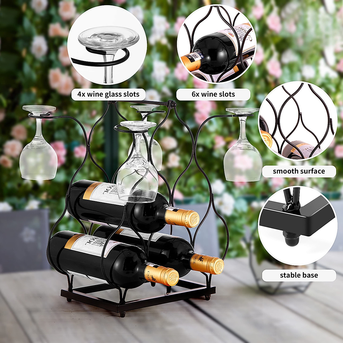 Torfican Countertop Wine Rack Metal,Hold 6 Bottles and 4 Glasses Wine Holder Stand,3-Tier Small Tabletop Wine Rack,Wine Organizer for Cabinet,Pantry