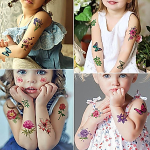 Tazimi 40 Sheets Flower Temporary Tattoos for Girl Kids -Rose Peony Lavender Butterfly Dragonfly Hydrangea Flower Collection Face Arm Body Tattoo Sticker Watercolor Flower Tattoos for Child Birthday Party Favors Supplies Gifts Decorations