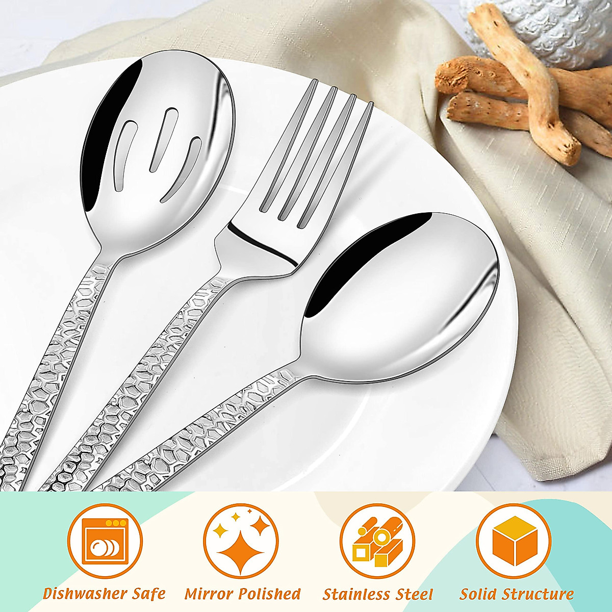 HaWare Hammered Serving Utensils Set, 6-Piece Stainless Steel Square Hostess Serving Set include Serving Spoon, Fork, Slotted Spoon for Party Buffet Banquet Catering, Mirror Polished, Dishwasher Safe